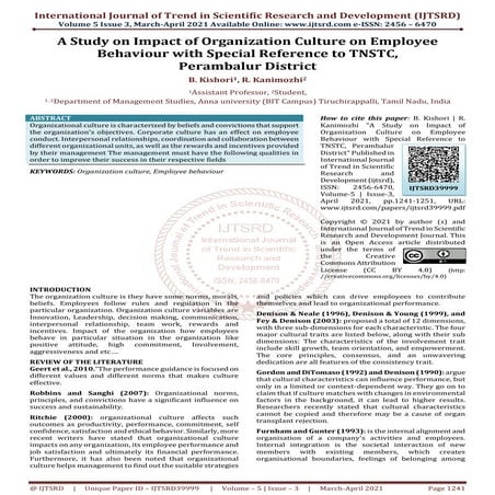 A Study on Impact of Organization Culture on Employee Behaviour with ...