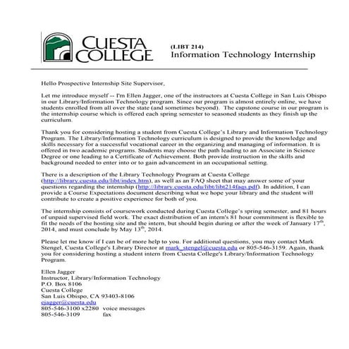 Cuesta College LIBT 214: Letter of Introduction | PDF