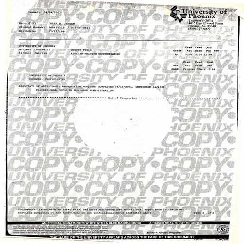 Derek Jensen's University of Phoenix Transcript 2 of 3 | PDF