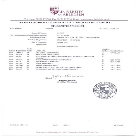 Master of Science Transcript (University of Aberdeen) | PDF