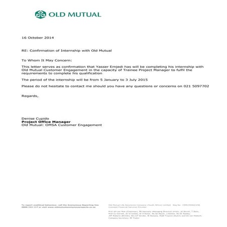 Confirmation of Internship with Old Mutual | DOC