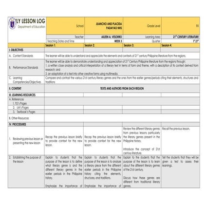 21st century Daily Lesson Log 1st sem Week 3 | DOCX