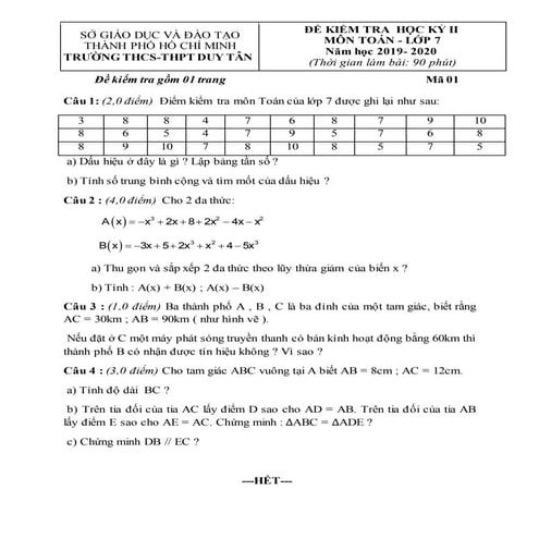Đề Thi HK2 Các Môn 7 - THCS - THPT Duy Tân | DOCX