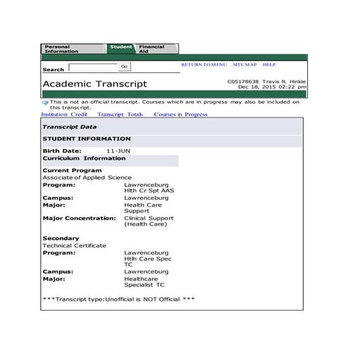 unnofficial transcript | PDF