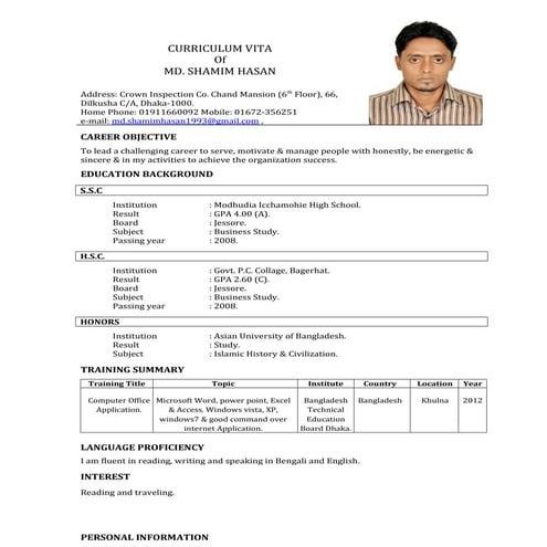 CV of Md. Shamim Hasan with Image (1) | DOC