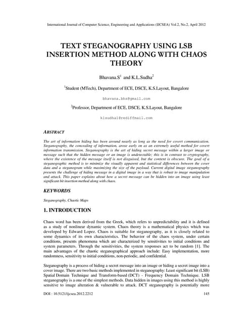 Text Steganography Using Lsb Insertion Method Along With Chaos Theory Pdf
