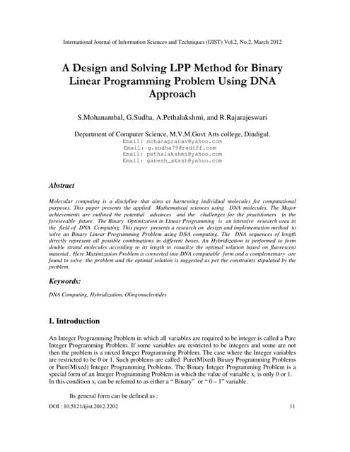 A Design And Solving Lpp Method For Binary Linear Programming Problem Using Dna Approach Pdf