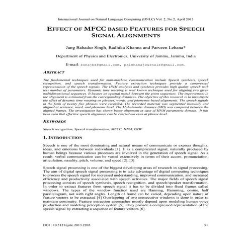 Effect Of Mfcc Based Features For Speech Signal Alignments Pdf