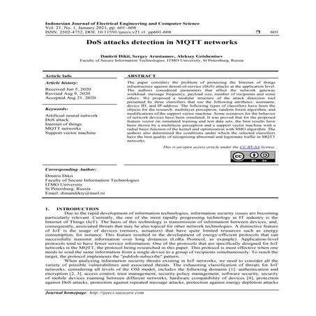 Dos Attacks Detection In Mqtt Networks Pdf