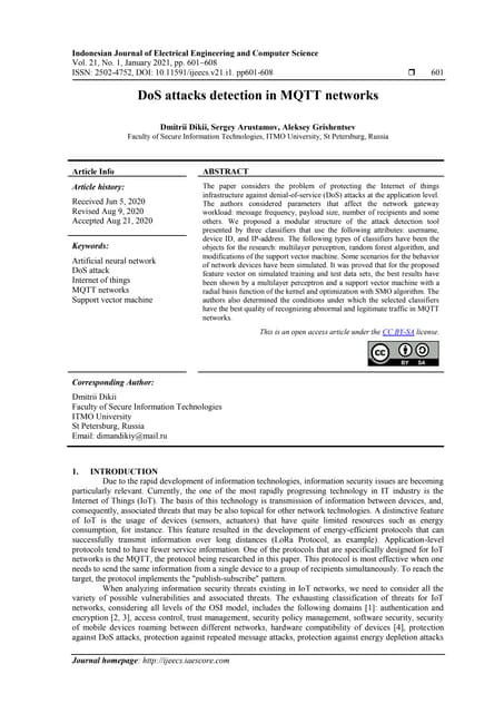 Dos Attacks Detection In Mqtt Networks Pdf