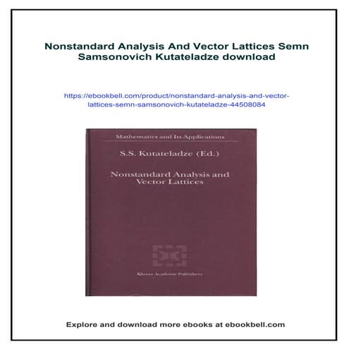 Nonstandard Analysis And Vector Lattices Semn Samsonovich Kutateladze | PDF
