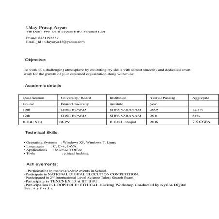 Uday Pratap Aryan Resume | RTF | Computing | Technology & Computing