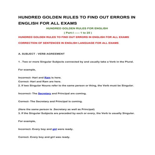 Hundred golden rules to find out errors in English | PDF