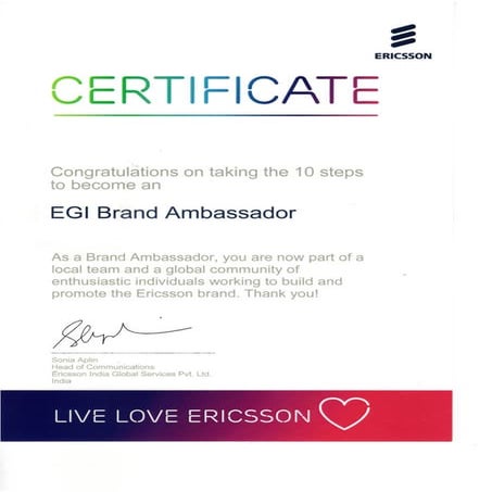 Ericsson Brand Ambassador Certificate | PDF