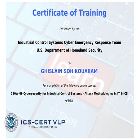 Certificate of Training - Attack Methodologies in IT & ICS | PDF
