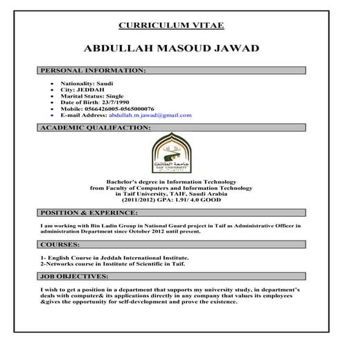 ABDULLAH JAWAD CV (1) | PDF | Education
