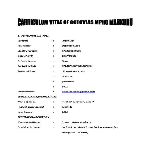 CURRICULUM VITAE FOR MICHAEL B MBHELE | DOC
