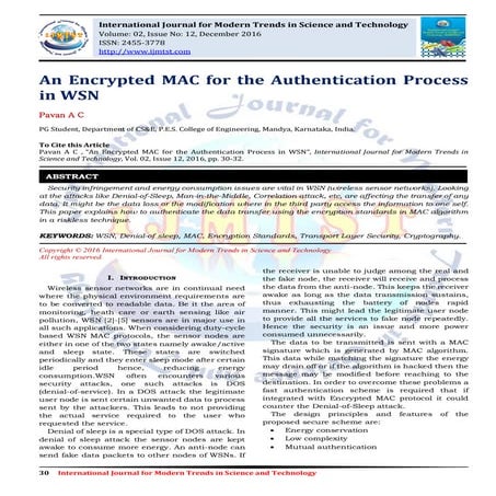 An Encrypted MAC for the Authentication Process in WSN | PDF