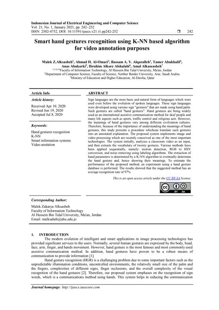Smart Hand Gestures Recognition Using K Nn Based Algorithm For Video Annotation Purposes Pdf