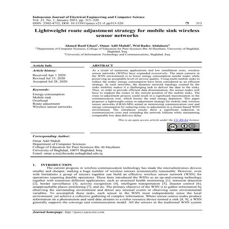 Lightweight Route Adjustment Strategy For Mobile Sink Wireless Sensor Networks Pdf 