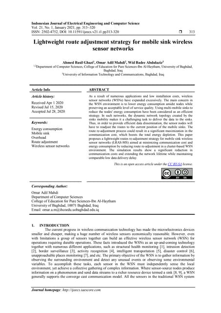Lightweight Route Adjustment Strategy For Mobile Sink Wireless Sensor Networks Pdf