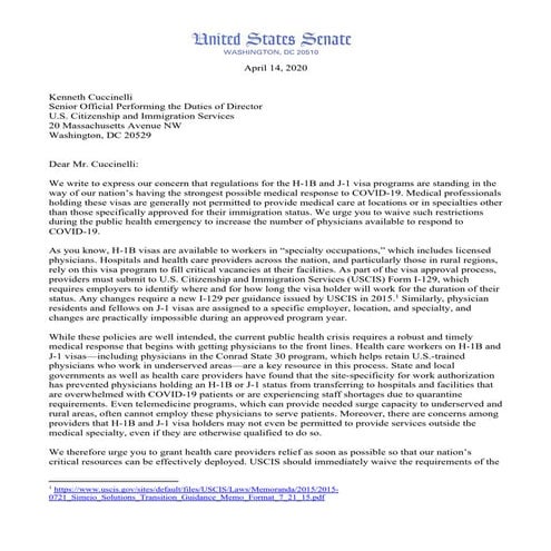 Congressional letter to USCIS on H-1B restrictions for MDs | PDF