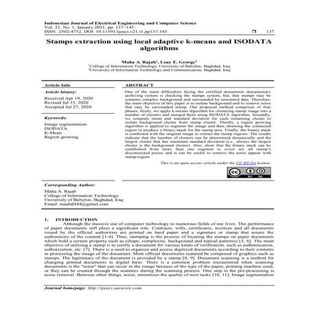 Stamps extraction using local adaptive k-means and ISODATA algorithms | PDF