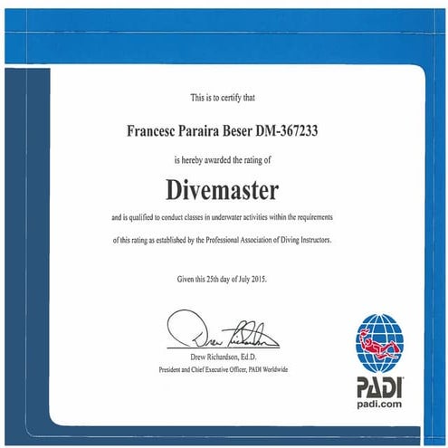 PADI Divemaster Certification DM367233 | PDF