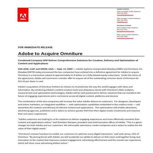 Adobe to Acquire Omniture for $1.8 billion. | PDF