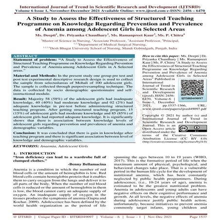 A Study to Assess the Effectiveness of Structured Teaching Programme on Knowledge Regarding ...