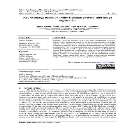 Key exchange based on Diffie-Hellman protocol and image registration | PDF | Information and ...