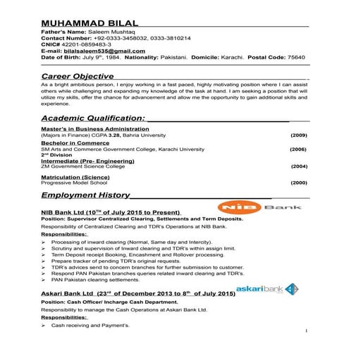 MUHAMMAD BILAL CURRICULUM VITAE APPLY | DOC