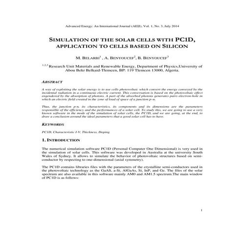 Simulation Of The Solar Cells With Pc1d Application To Cells Based On Silicon Pdf
