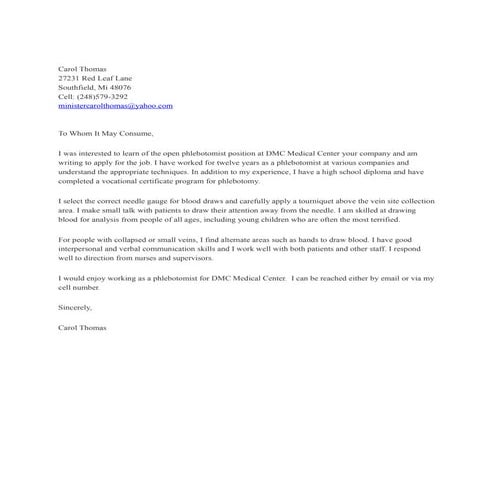 Phlebotomy cover letter | PDF