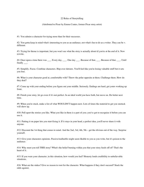 Pixars 22 rules for storytelling (an adapation) | PPT