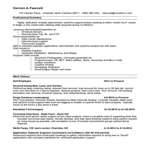 Vernon Fawcett Most Current Resume | DOCX