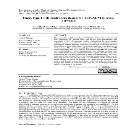 Fuzzy type 1 PID controllers design for TCP/AQM wireless networks | PDF