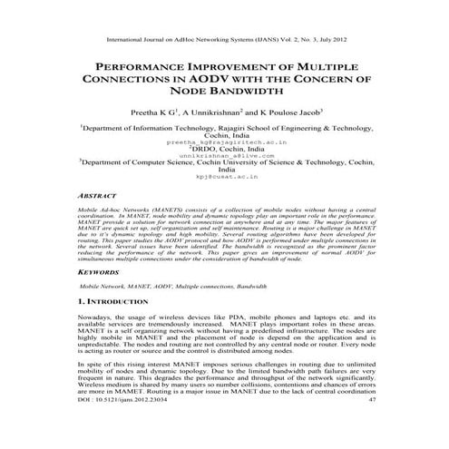 Performance Improvement of Multiple Connections in AODV with the Concern of Node Bandwidth | PDF