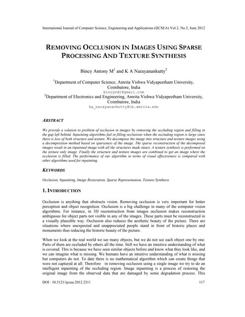Removing Occlusion In Images Using Sparse Processing And Texture 9440