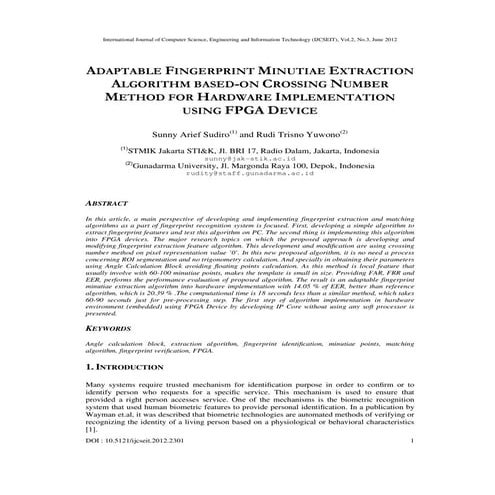 Adaptable Fingerprint Minutiae Extraction Algorithm Based On Crossing Number Method For Hardware