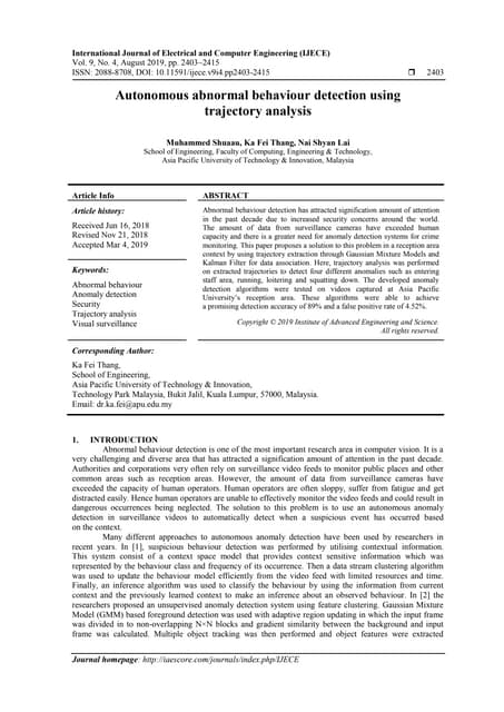Autonomous Abnormal Behaviour Detection Using Trajectory Analysis Pdf
