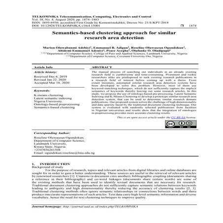 Semantics Based Clustering Approach For Similar Research Area Detection Pdf
