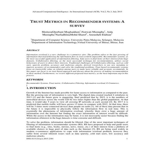 Trust Metrics In Recommender System : A Survey | PDF