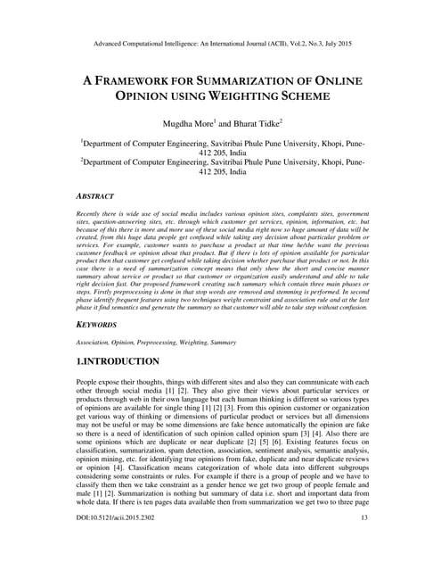 A Framework For Summarization Of Online Option Using Weighting Scheme Pdf