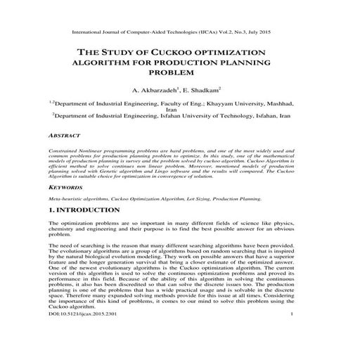THE STUDY OF CUCKOO OPTIMIZATION ALGORITHM FOR PRODUCTION PLANNING PROBLEM | PDF