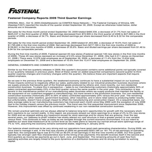 Q3 2009 Earning Report of Fastenal Company | PDF