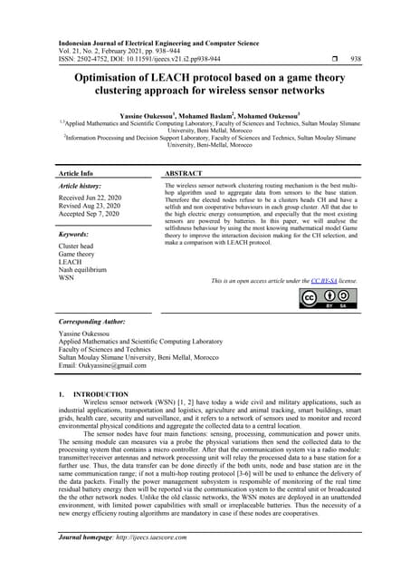 Optimisation Of Leach Protocol Based On A Game Theory Clustering Approach For Wireless Sensor