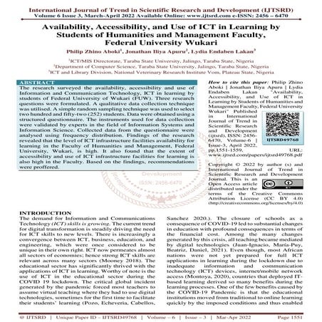 Availability, Accessibility, and Use of ICT in Learning by Students of Humanities and Management ...