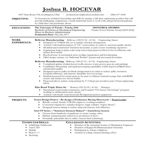 Joshua Hocevar - Resume 2017 | DOCX