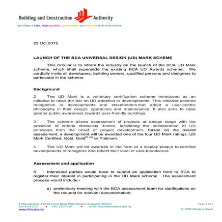 Singapore: LAUNCH OF THE BCA UNIVERSAL DESIGN (UD) MARK SCHEME | PDF